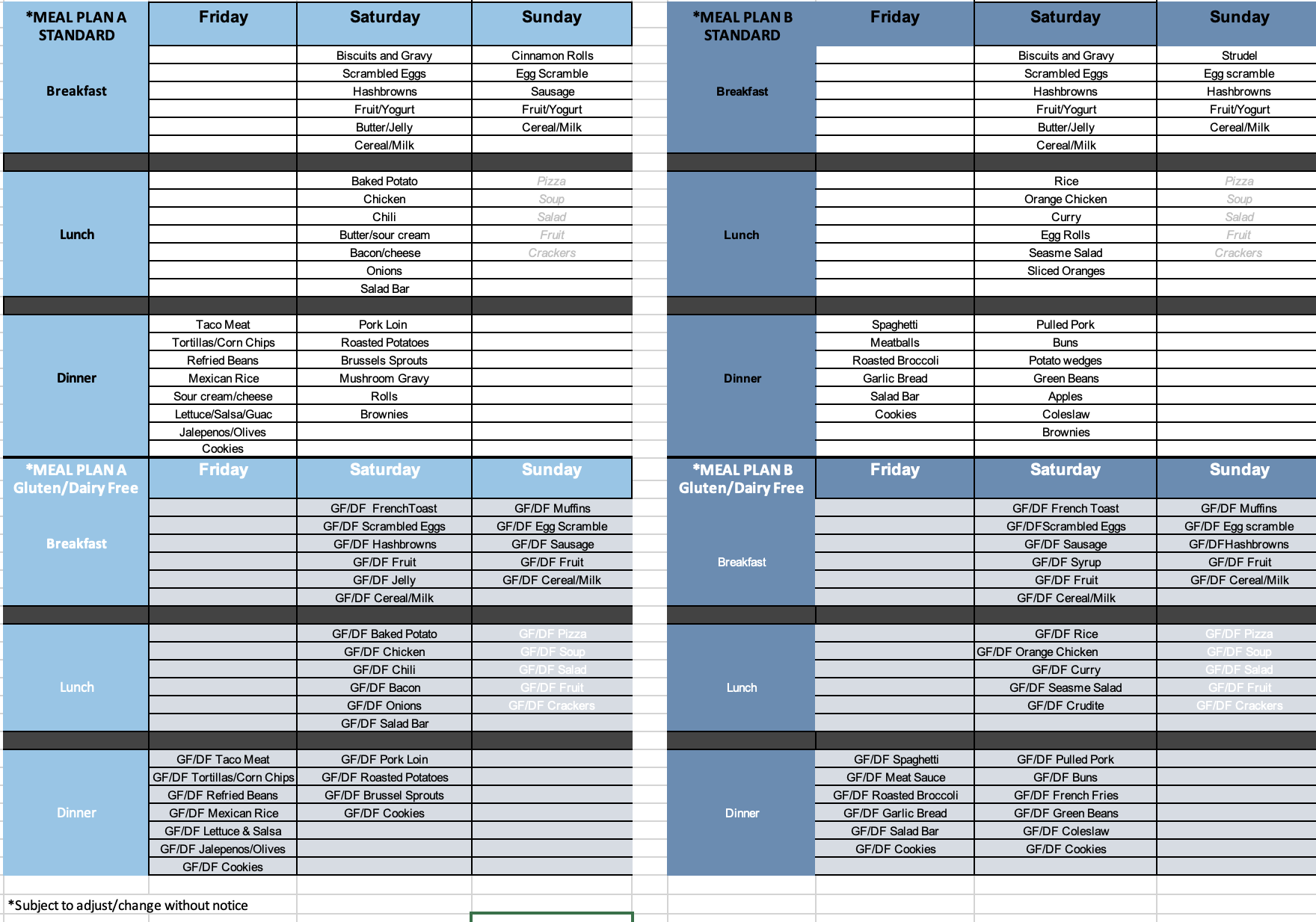 Sample Menu - Lake Retreat Camp